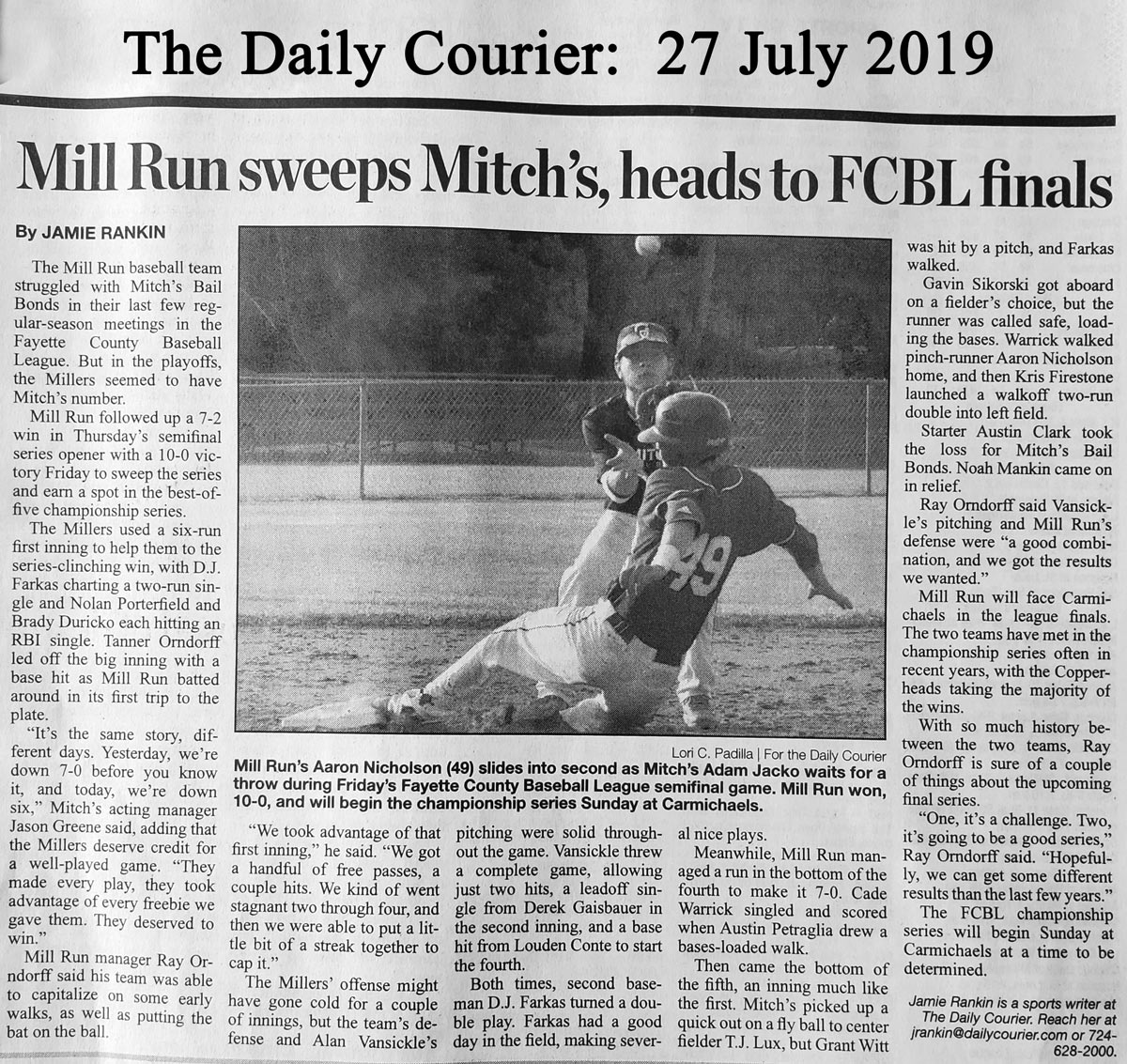 Mill Run Baseball Schedule: July